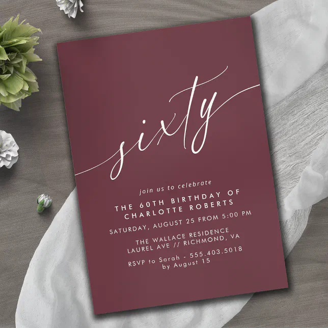 Dark Red Burgundy | Formal Maroon 60th Birthday Invitation | Zazzle