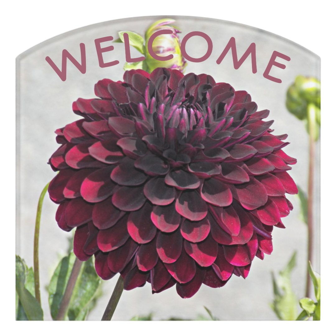 Dark Red Dahlia Bloom Floral Welcome Door Sign | Zazzle
