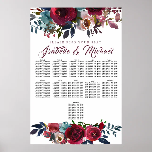 Dark Red Floral 11-Table Wedding Seating Chart | Zazzle