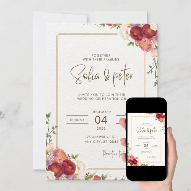 Dark Red Flower Wedding Invitation | Zazzle