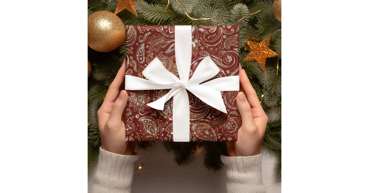 Dark Red & Gold Floral Paisley Wrapping Paper | Zazzle