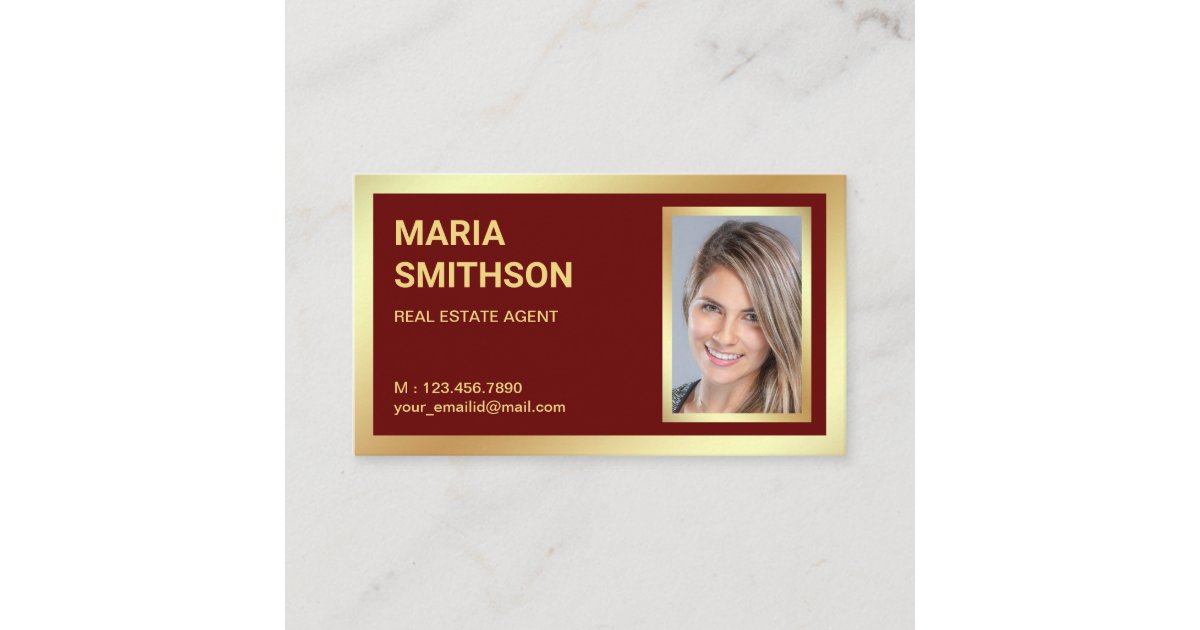 Dark Red Gold Foil Real Estate Realtor Photo Business Card | Zazzle