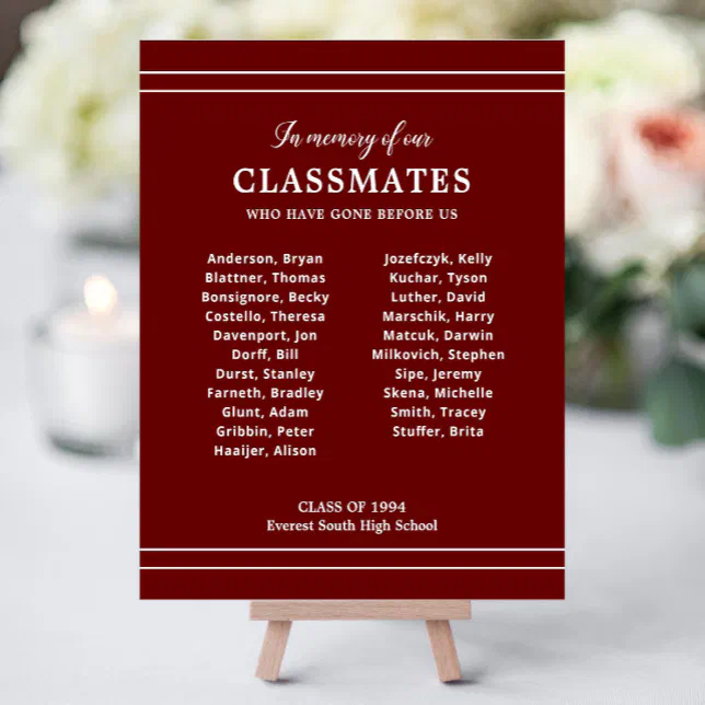 Dark Red In Memory Of Classmates Reunion Memorial Foam Board | Zazzle