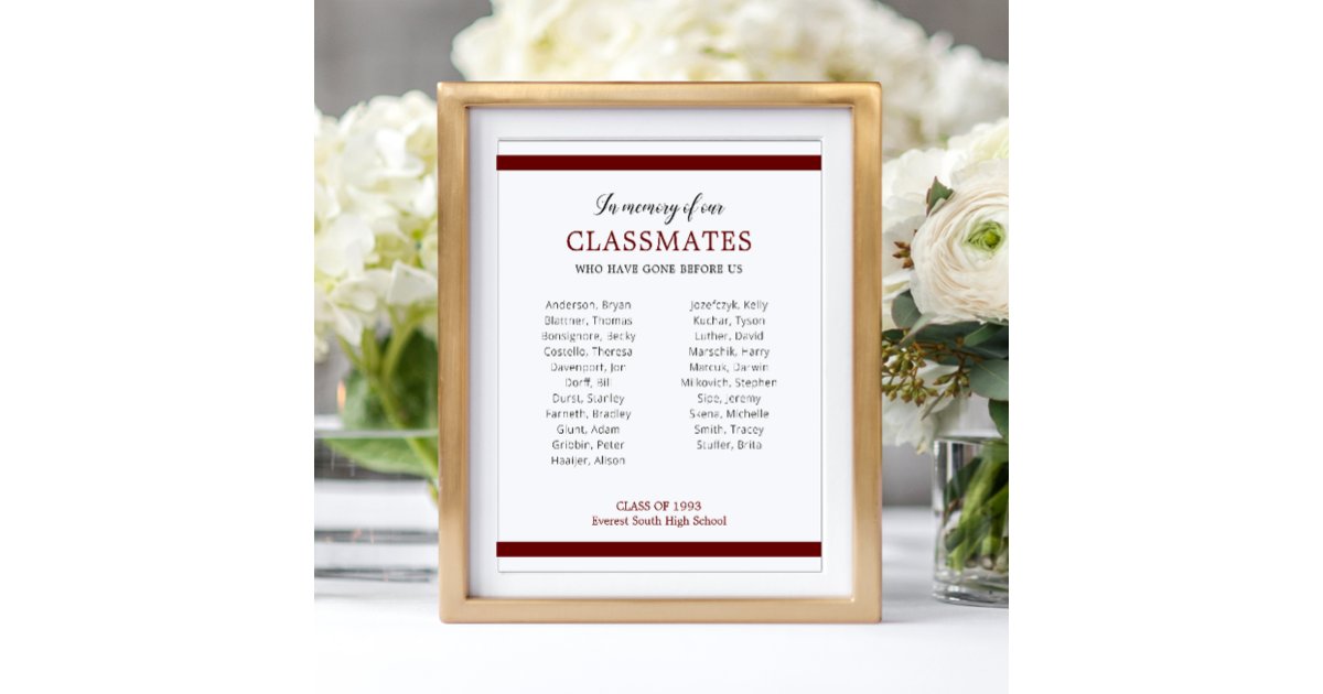Dark Red In Memory Of Our Classmates Memorial Poster | Zazzle
