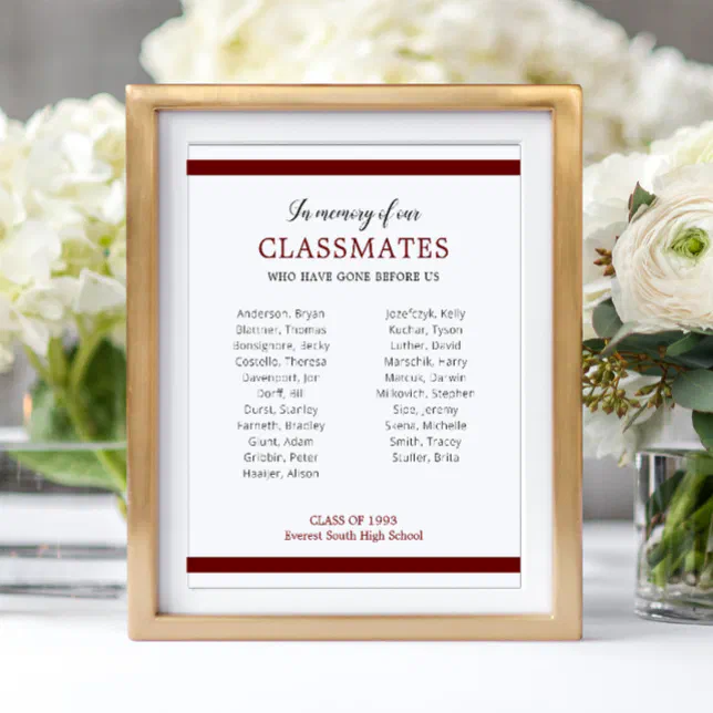 Dark Red In Memory Of Our Classmates Memorial Poster | Zazzle
