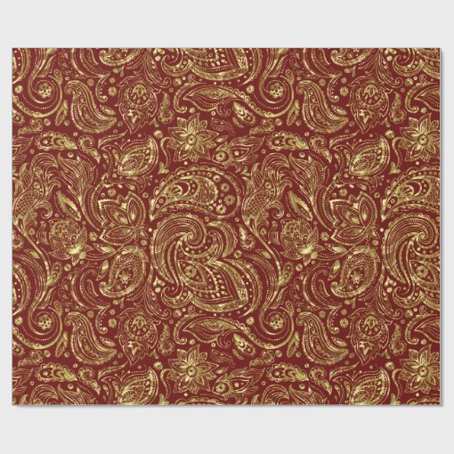 Dark Red & Shiny Gold Floral paisley Pattern Wrapping Paper | Zazzle