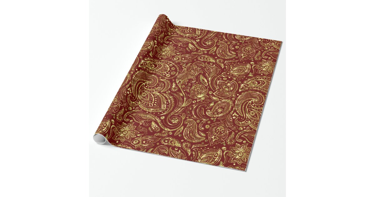 Dark Red & Shiny Gold Floral paisley Pattern Wrapping Paper | Zazzle