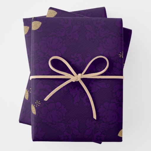 Dark Royal Purple with Gold Scroll Wrapping Paper Sheets | Zazzle