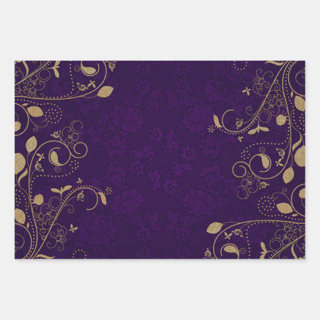 Dark Royal Purple with Gold Scroll Wrapping Paper Sheets | Zazzle