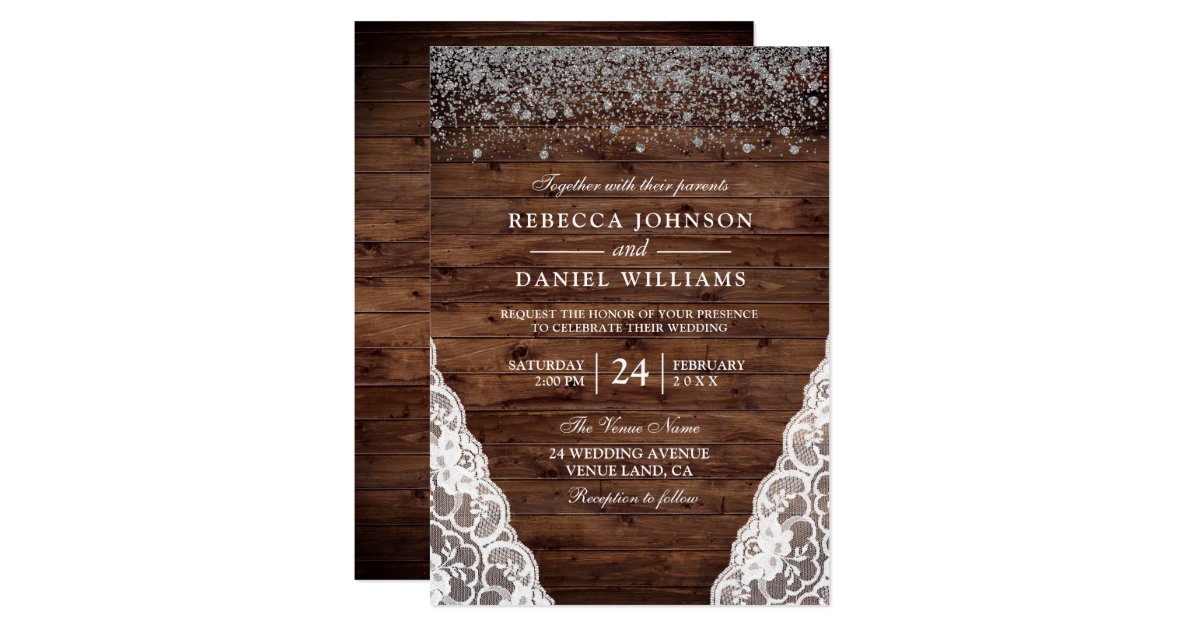 Dark Rustic Brown Wood Lace Wedding Invitation | Zazzle.com