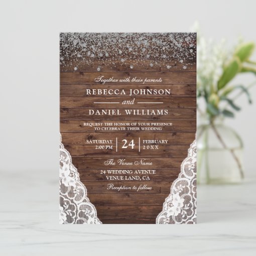 Dark Rustic Brown Wood Lace Wedding Invitation | Zazzle