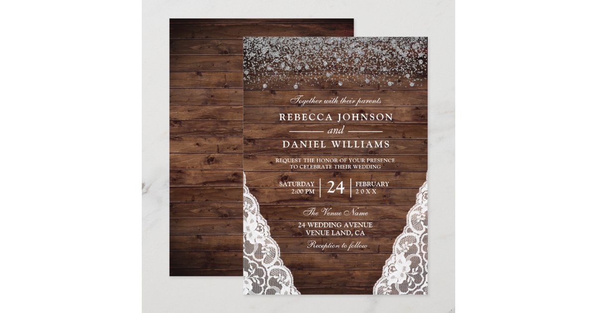 Dark Rustic Brown Wood Lace Wedding Invitation | Zazzle