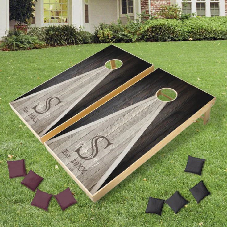 Dark Rustic Wood Tone Monogram Triangle Cornhole Set | Zazzle
