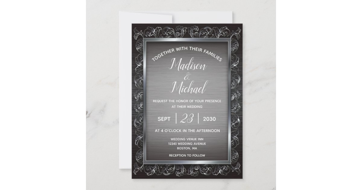 Dark Silver Grunge Metal Wedding Invitation | Zazzle