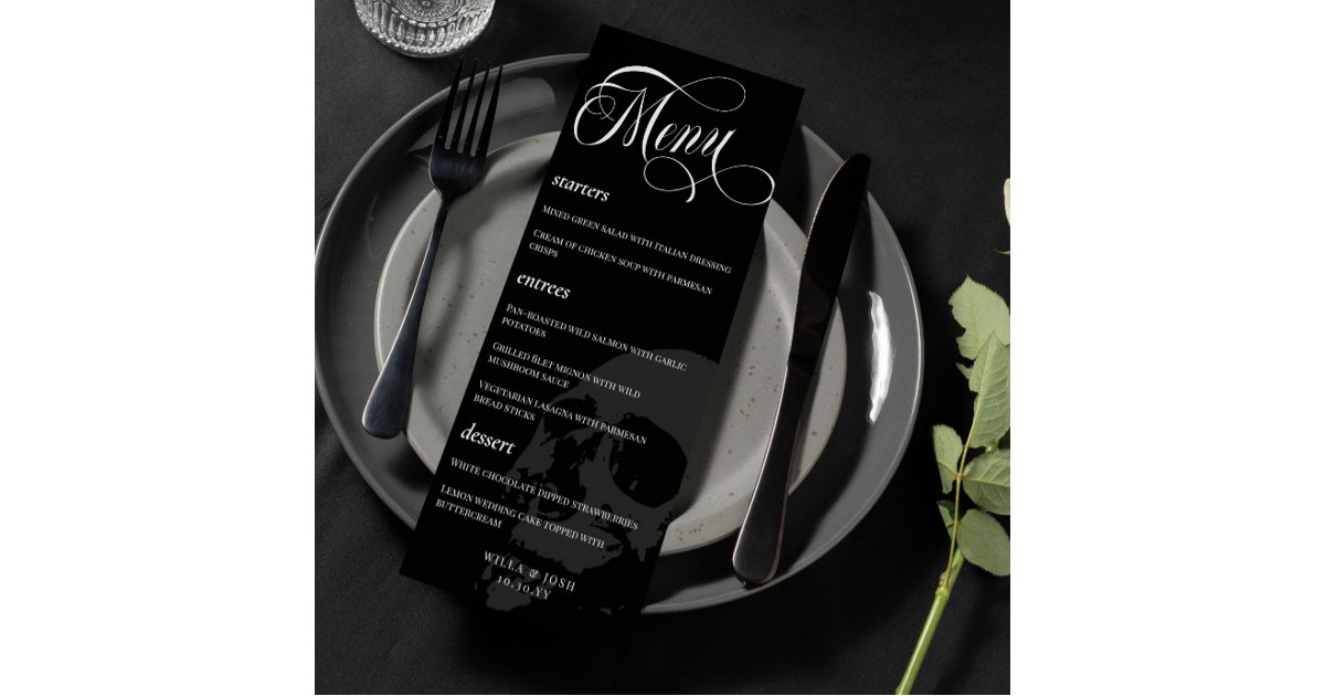 Dark Skull Beautiful Script Goth Wedding Menu | Zazzle