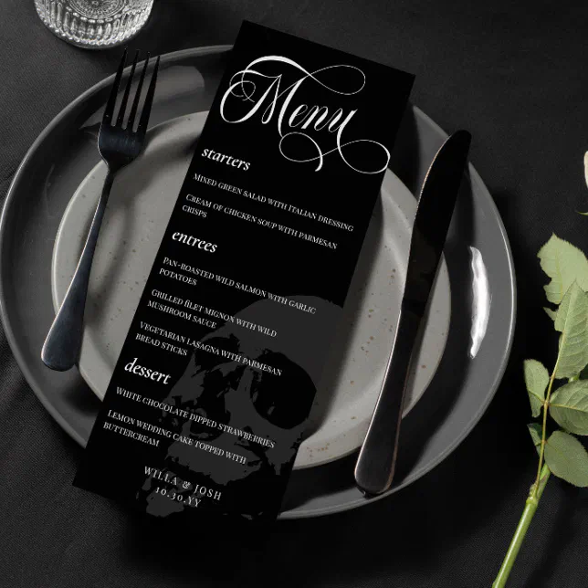 Dark Skull Beautiful Script Goth Wedding Menu | Zazzle