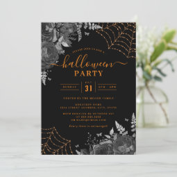 Dark Spooky Floral Cobwebs Orange Halloween Party Invitation | Zazzle