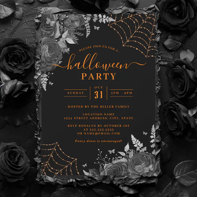 Dark Spooky Floral Cobwebs Orange Halloween Party Invitation | Zazzle