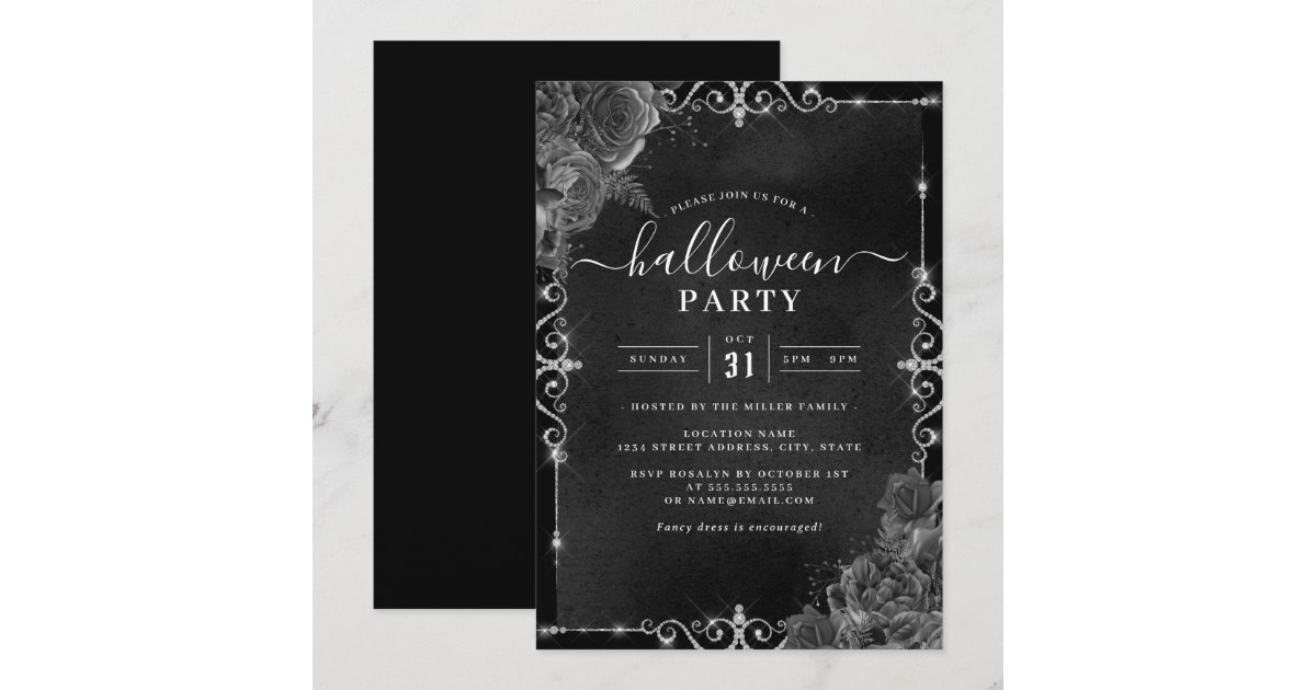 Dark Spooky Floral Jewel Halloween Party Invitation | Zazzle