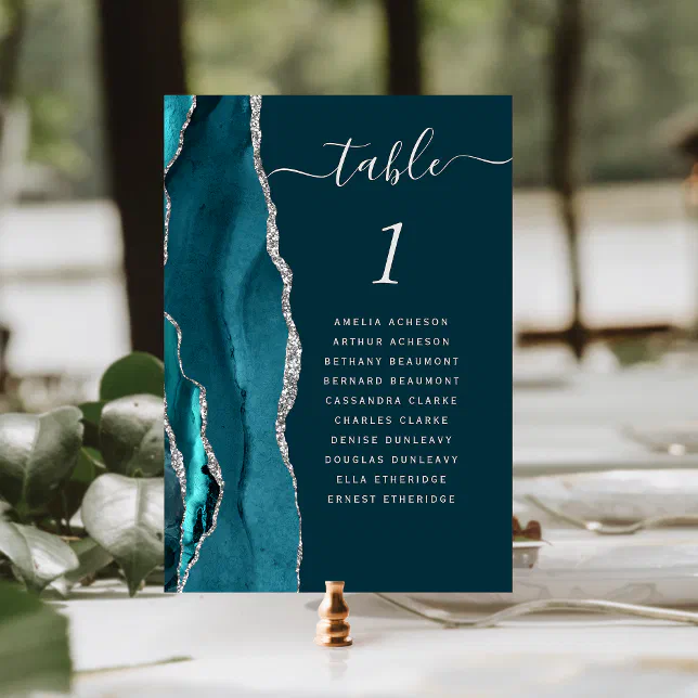 Dark Teal Blue Silver Agate Wedding Table Number | Zazzle