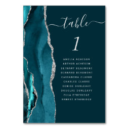 Dark Teal Blue Silver Agate Wedding Table Number | Zazzle