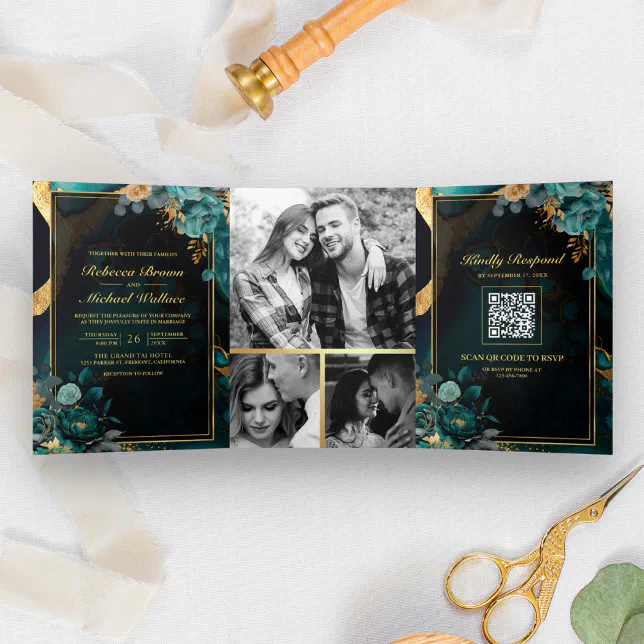 Dark Teal Gold Floral Marble QR Code Wedding Tri-Fold Invitation | Zazzle