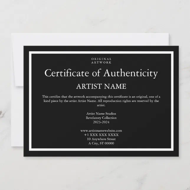 Dark Theme Certificate of Authenticity for Art Holiday Card | Zazzle