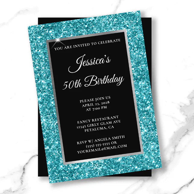 Dark Turquoise Glitter Black 50th Birthday Invitation | Zazzle
