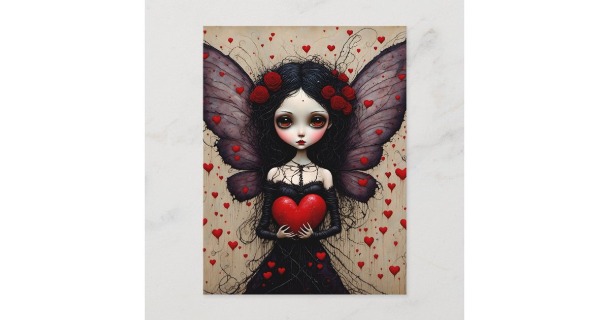 Dark Valentine Fairy Red Heart Postcard | Zazzle