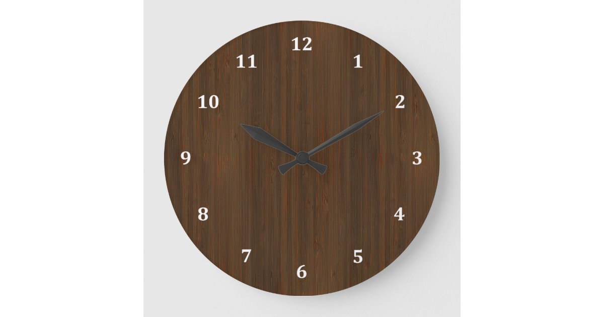 Dark Walnut Brown Bamboo Wood Grain Look Large Clock | Zazzle