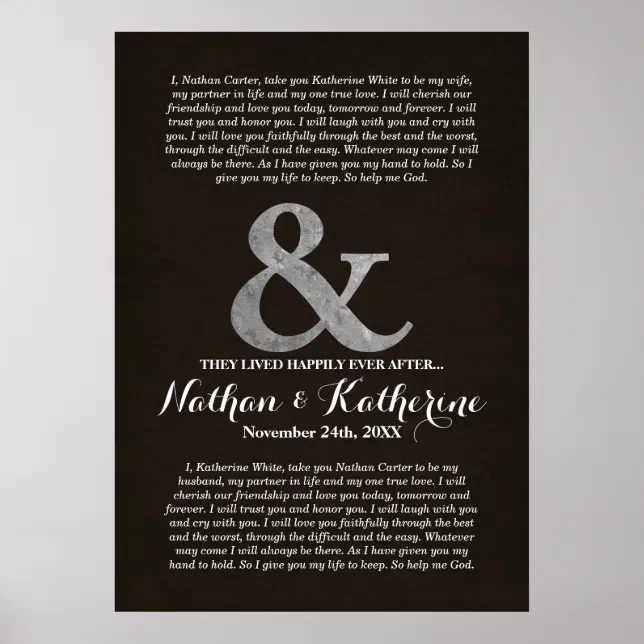 Dark Wood & Silver Wedding Vows Happily Ever After Poster | Zazzle
