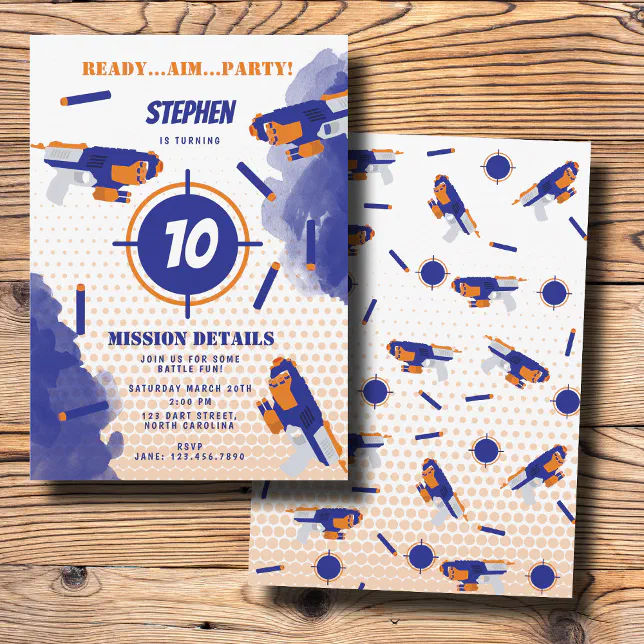 Dart Gun Battle War Boys Birthday Party Invitation | Zazzle