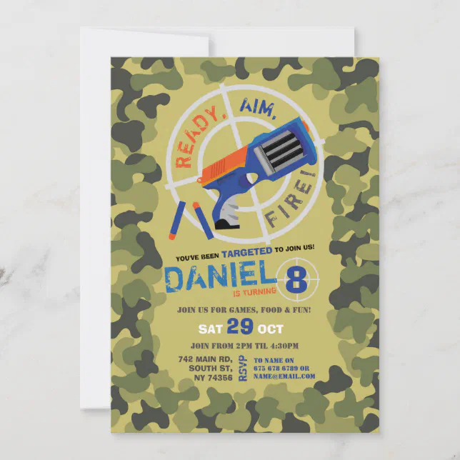 Dart Gun Fun Aim Shoot Camo Birthday Invitation | Zazzle
