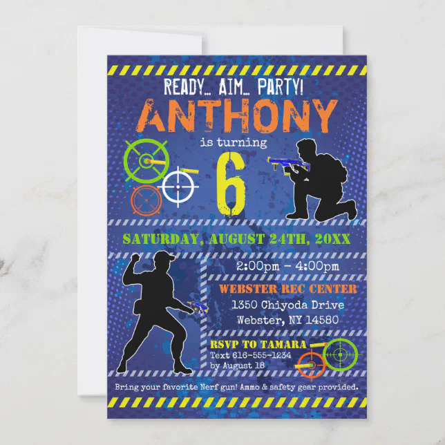 Dart Wars Party Blaster Gun Birthday Invitation | Zazzle