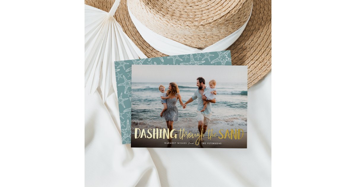 Dashing Through the Sand | Beach Photo Foil Holiday Card | Zazzle