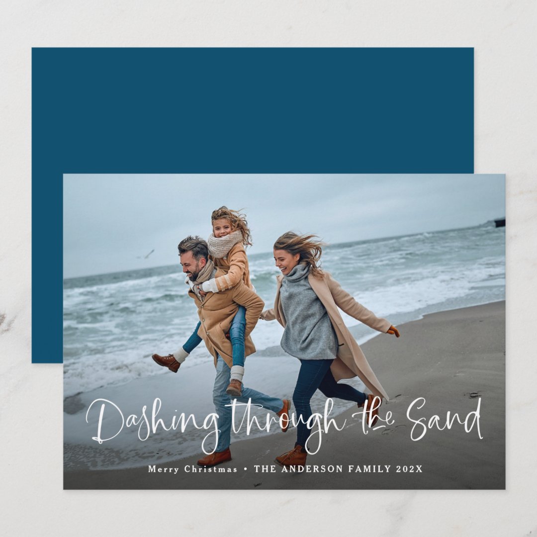 Dashing through the Sand | Photo Coastal Beach Holiday Card | Zazzle