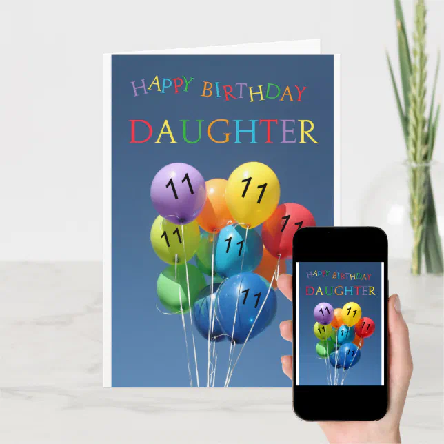 Daughter, 11th birthday colored balloons card | Zazzle