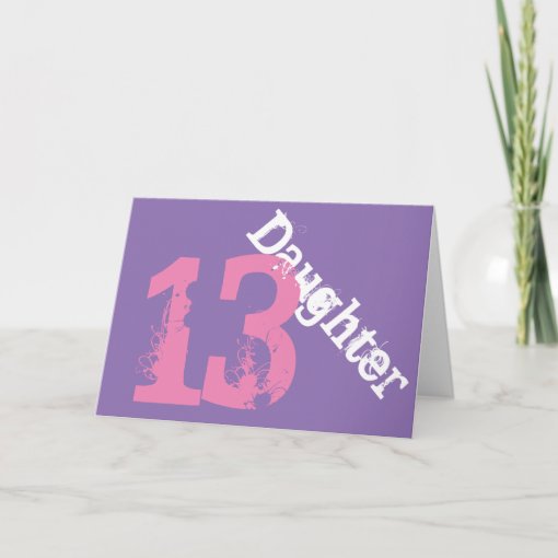 Daughter, 13th birthday, white, pink on purple. card | Zazzle
