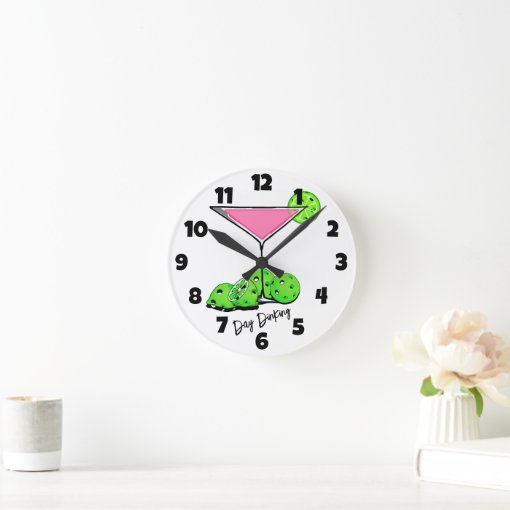 Day Dinking Cosmo Pink Cocktail, Pickleball Limes Round Clock | Zazzle