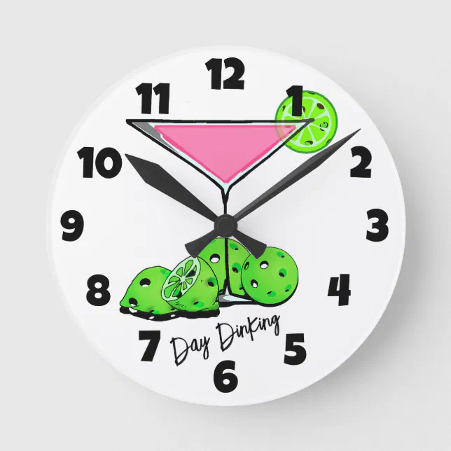Day Dinking Cosmo Pink Cocktail, Pickleball Limes Round Clock | Zazzle