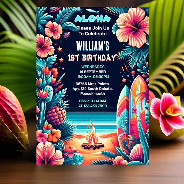 Day Joy hula Luau Surf Aloha Hawaiian 1st Birthday Invitation | Zazzle