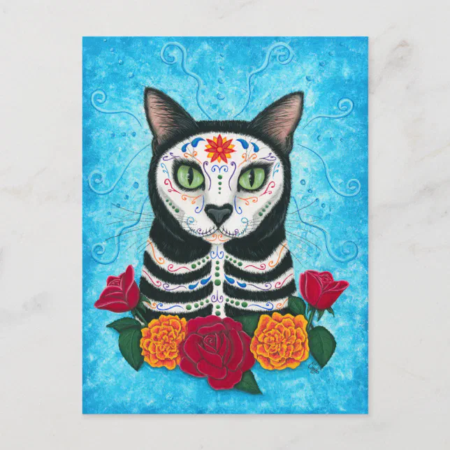 Day of the Dead Cat Sugar Skull Art Postcard | Zazzle