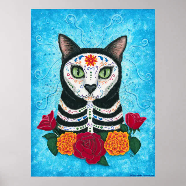 Day of the Dead Cat, Sugar Skull Cat Art Poster | Zazzle