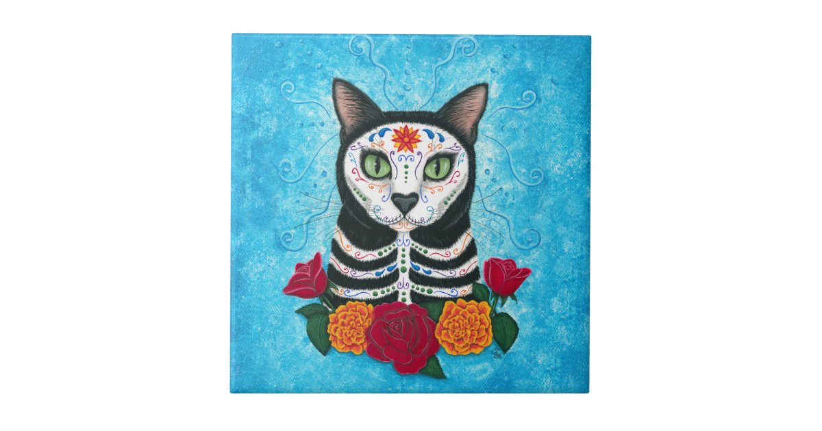 Day of the Dead Cat Sugar Skull Cat Art Tile | Zazzle