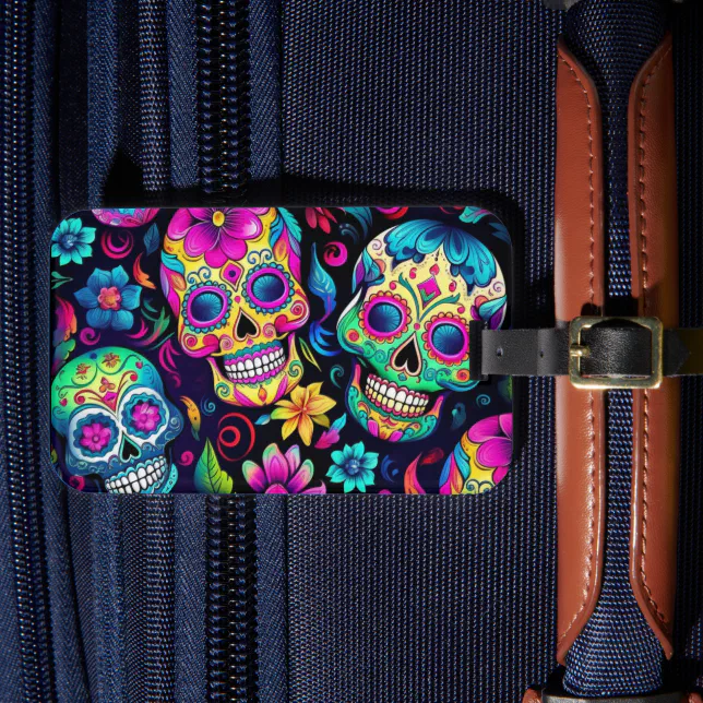 Day of the Dead Neon Sugar Skulls Luggage Tag | Zazzle
