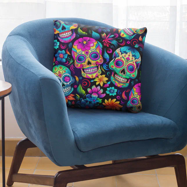 Day of the Dead Neon Sugar Skulls Throw Pillow | Zazzle
