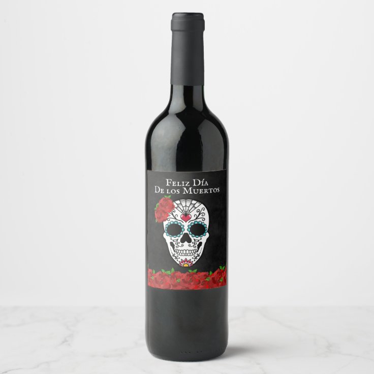 Day of the Dead Red Turquoise Sugar Skull Wine Label | Zazzle