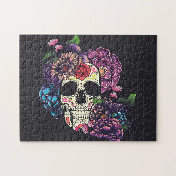 Day of the dead skull with flowers jigsaw puzzle | Zazzle