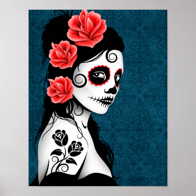 Day of the Dead Sugar Skull Girl - Blue Poster | Zazzle