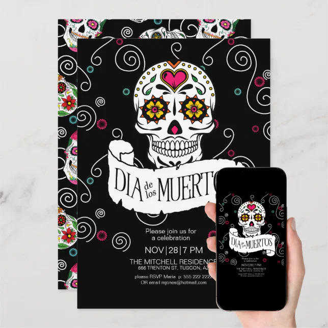Day of the Dead Sugar Skulls Black ID725 Invitation | Zazzle